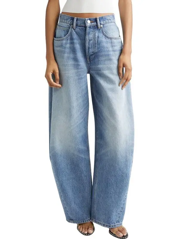 Alexander Wang Distressed Logo Barrel Leg Jeans - Authentic Light Indigo