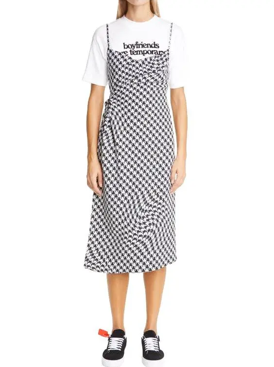 Off-White Layered Houndstooth Midi Slipdress - Black