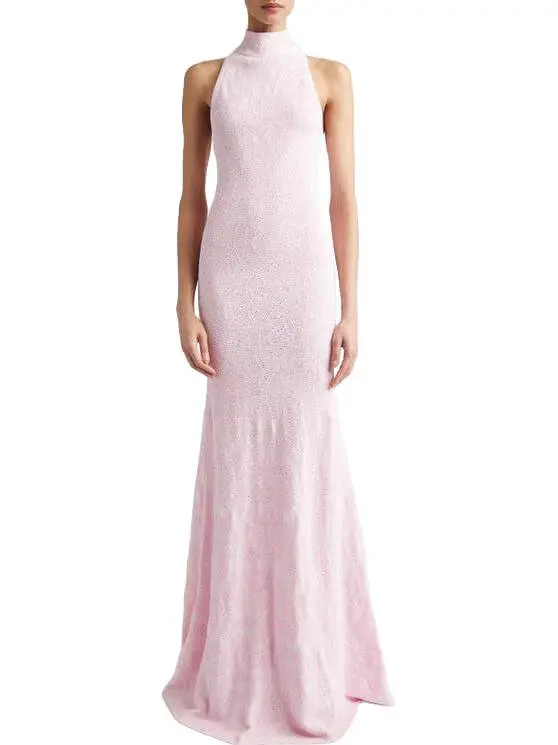 St. John Floral Jacquard Turtleneck Trumpet Gown - Peony/light Pink Multi