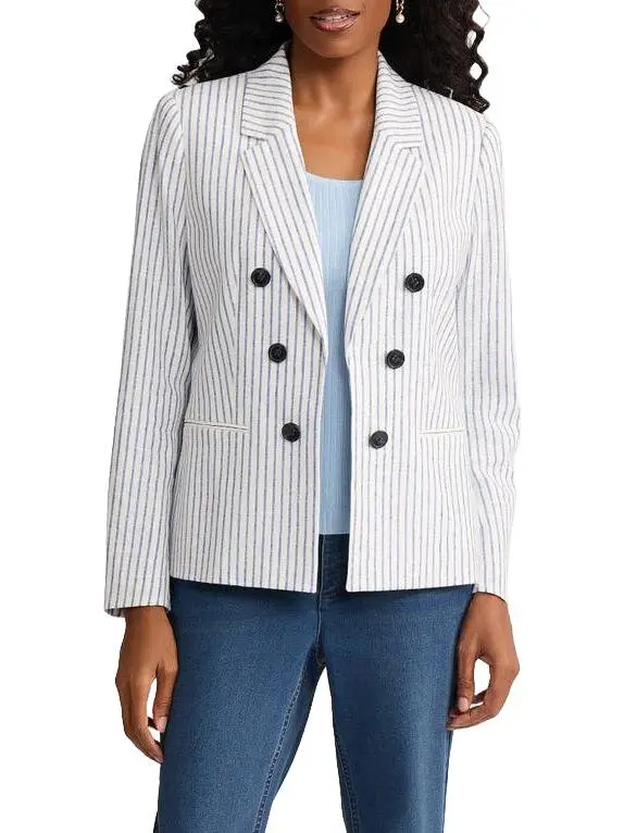 Jones New York Striped Double Breasted Linen Blend Jacket - Natural White/lt Sapphire