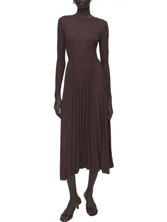 Mango Long Sleeve Pleated Midi Dress - Chocolate