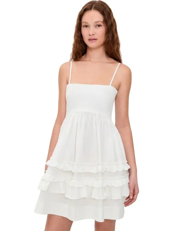 GANNI Stretch Cotton Mini Strap Dress With Frill - Bright White