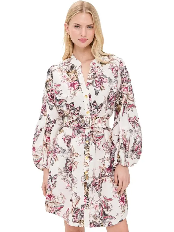 L'Agence Printed Mini Shirt Dress - White Multi Butterfly