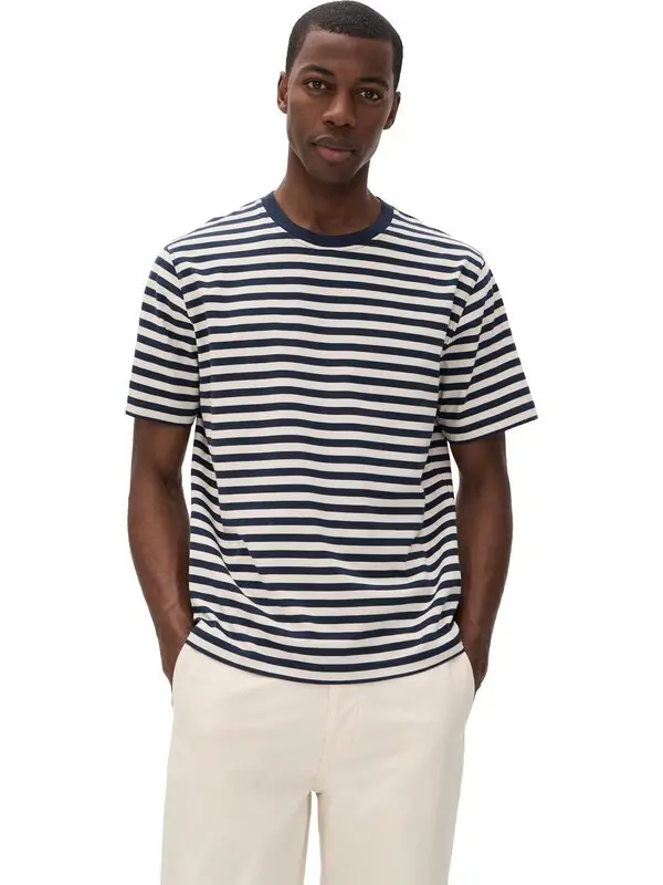 FAR AFIELD Breton Stripe Short Sleeved T-shirt - Navy/sand