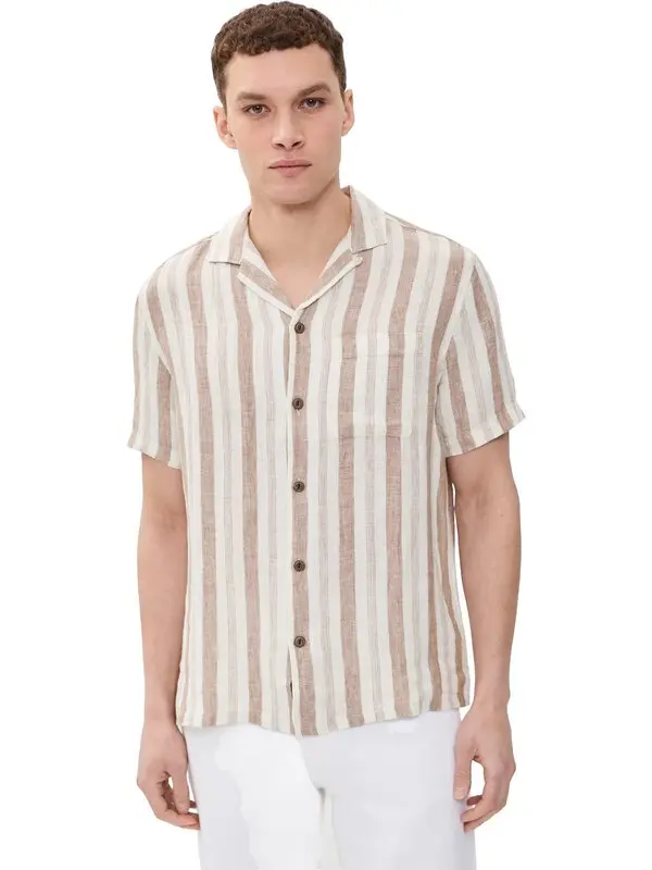 Faherty Brand Short Sleeve Palma Linen Camp Shirt - Island Brown Stripe