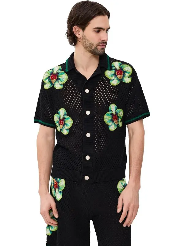Casablanca Glitch Orchid Embroidered Crochet Shirt - Black