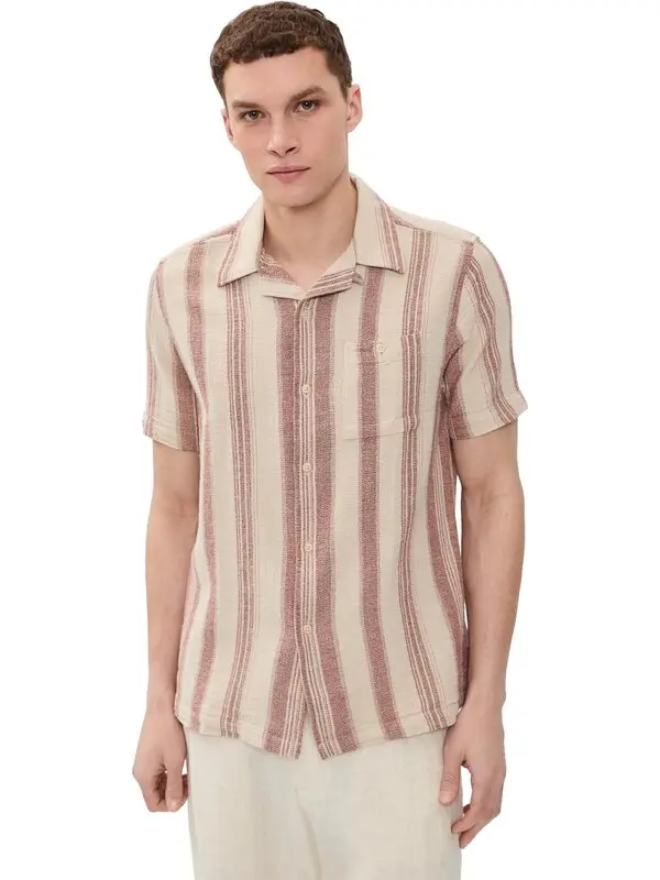 FAR AFIELD Dobby Stripe Selleck Shirt - Sand/red