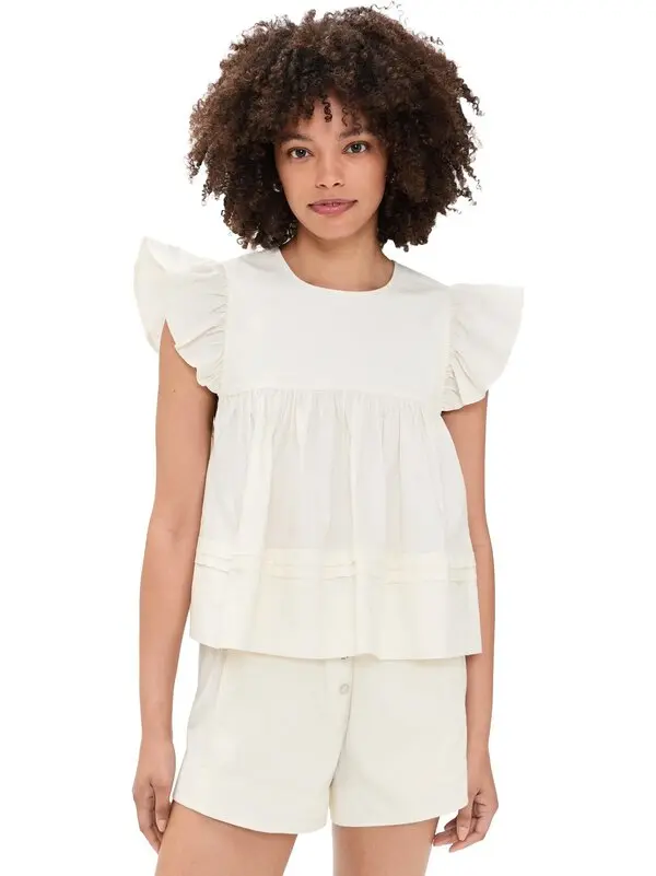 GANNI Frill-sleeve Poplin Top - Egret