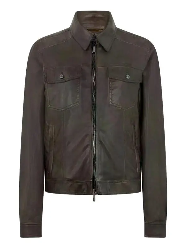 MOORER Shirt Collar Leather Jacket With Flap Pockets - Brown