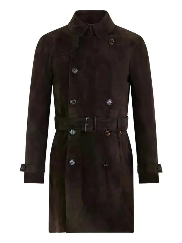 MOORER Tailored Belted Leather Trench Coat - Brown