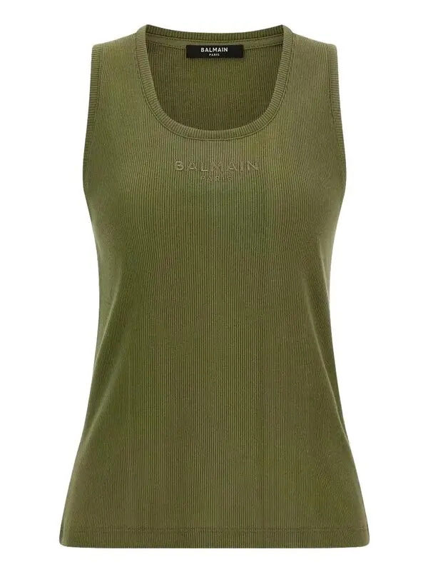 Balmain Ribbed Logo-embroidery Tank Top - Green