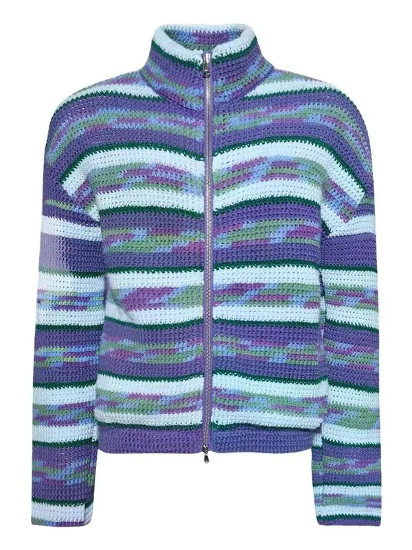 NIGEL XAVIER Striped Crochet Knit Zip-up Jacket - Purple