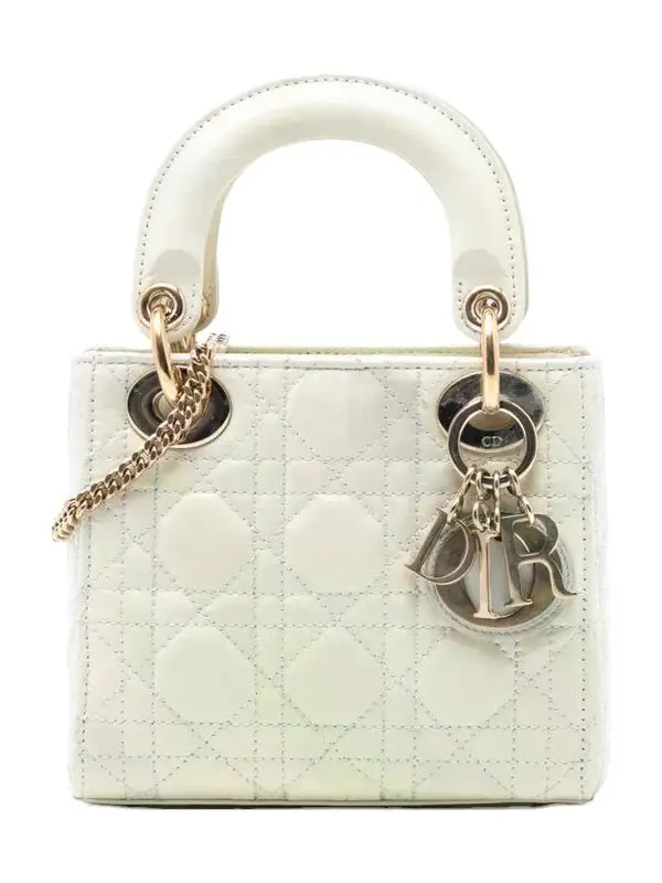 Dior 2019 Mini Crinkled Calfskin Cannage Lady Satchel - White