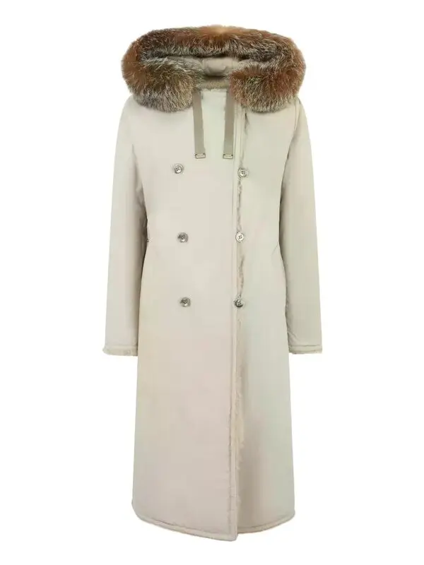 MOORER Fur Collar Double-breasted Coat - Neutrals