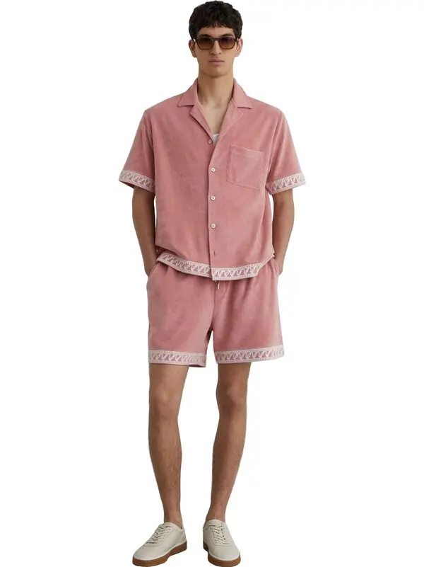 REISS Bleeker Cotton-blend Towelling Embroidered Shirt - Soft Pink
