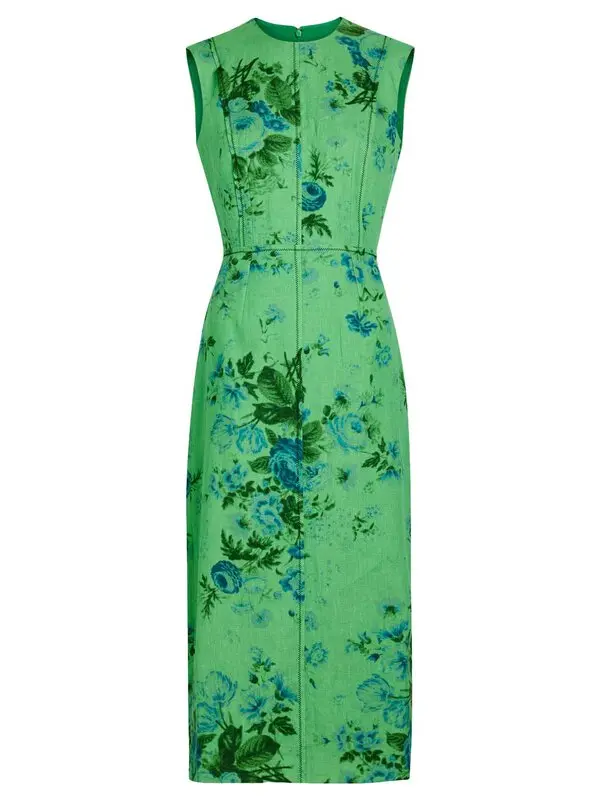 Erdem Floral Print Linen Midi Dress - Green