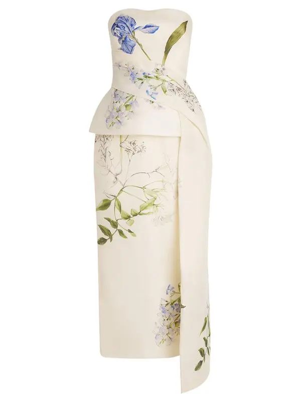 Monique Lhuillier Silk Floral Peplum Gown - Ivory