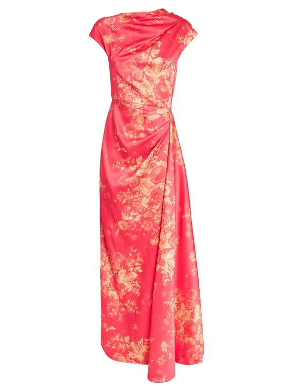 Erdem Duchess Satin Floral Print Draped Gown - Pink