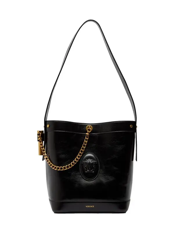 Versace Chain Leather Bucket Bag - Black