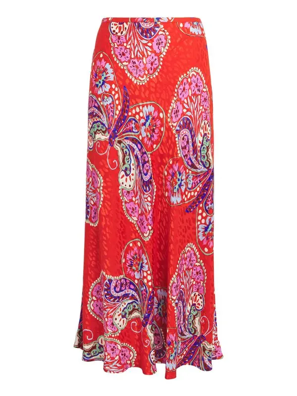 Rixo Satin Printed Kelly Midi Skirt - Red