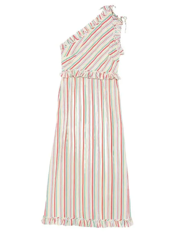 Rixo Striped One-shoulder Dress With Ruffle Trim - Neutrals