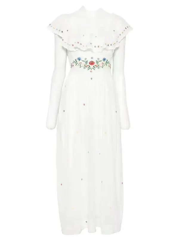 Rixo Ebony Ruffled Embroidered Midi Dress - White