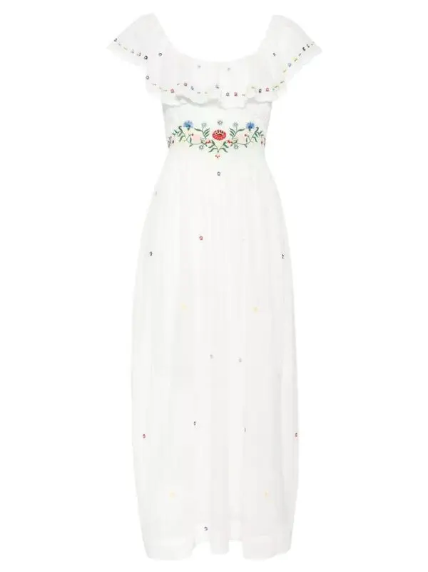 Rixo Ebony Ruffled Embroidered Midi Dress - White