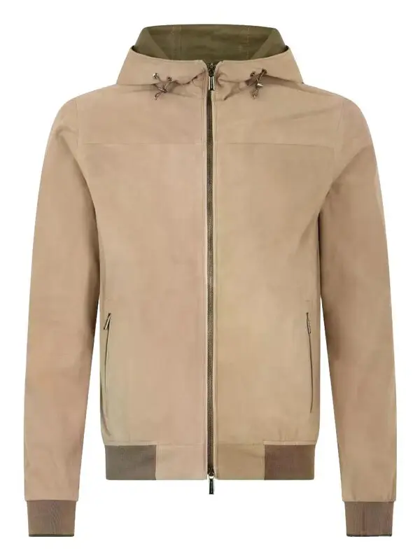 MOORER Hooded Leather Zip Jacket - Neutrals