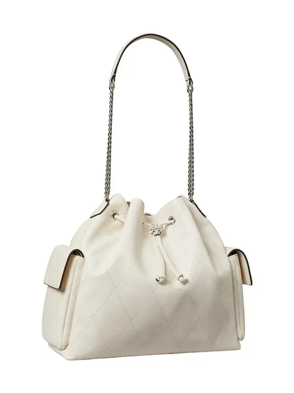 Tory Burch Large Charlie Quilted Drawstring Shoulder Bag - Light Cream