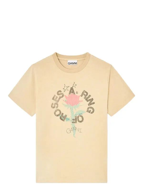 GANNI T-shirt With Rose Graphic - Brown