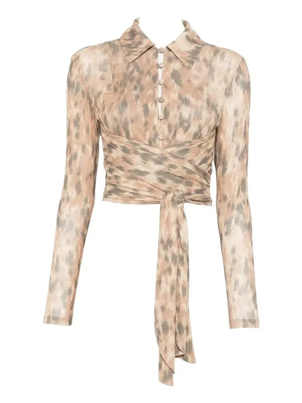 GANNI Printed Cropped Shirt - Beige