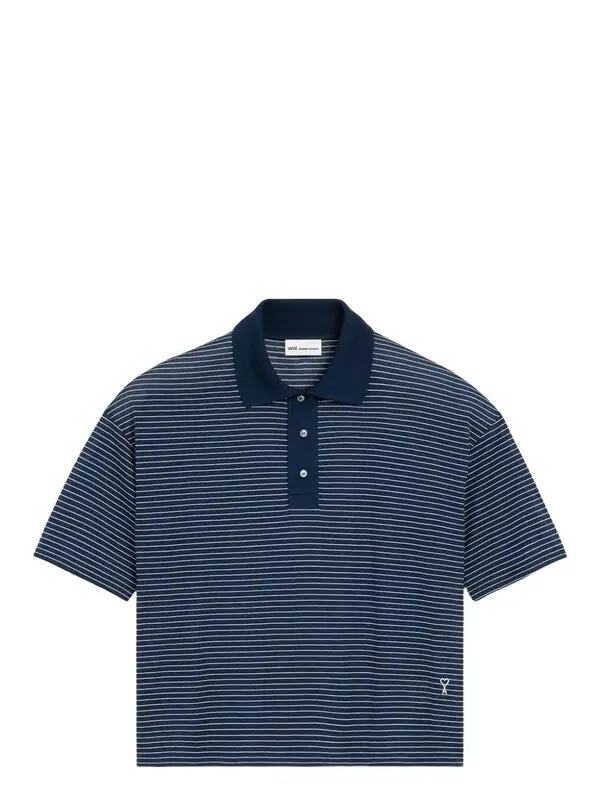 Ami Striped Boxy Fit Polo With " De Coeur" Patch - Blue