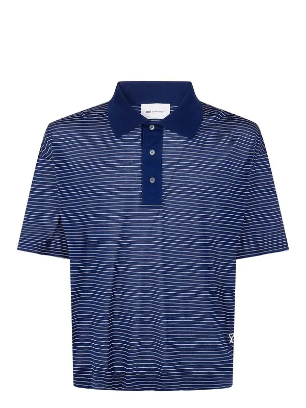 Ami Striped Boxy Fit Polo With " De Coeur" Patch - Blue