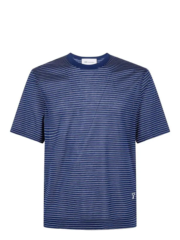 AMI Paris Classic Fit Short Sleeves Striped Teeshirt Wit - Blue