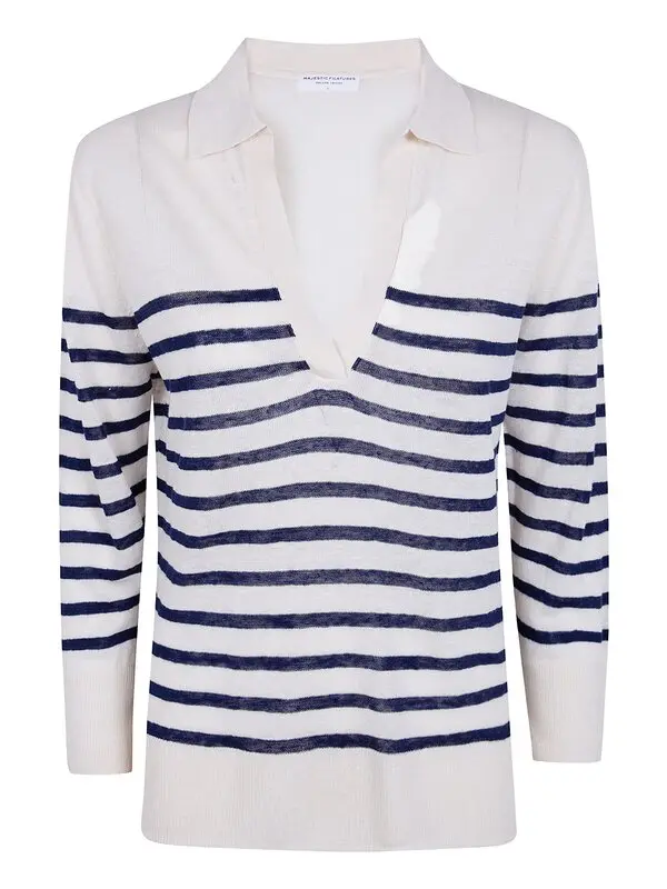 Majestic International Oversized Striped Linen Polo Shirt - Blue