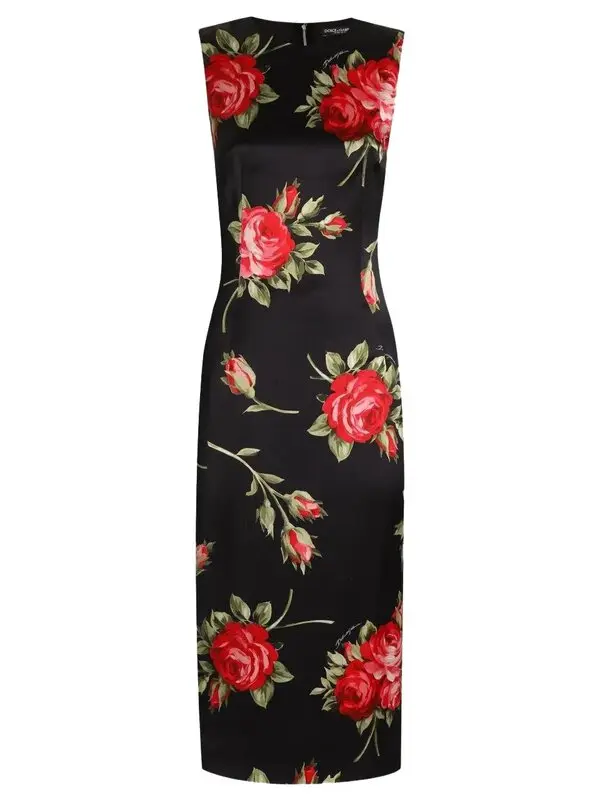 Dolce & Gabbana Rose Bouquet-print Satin Sheath Dress - Black