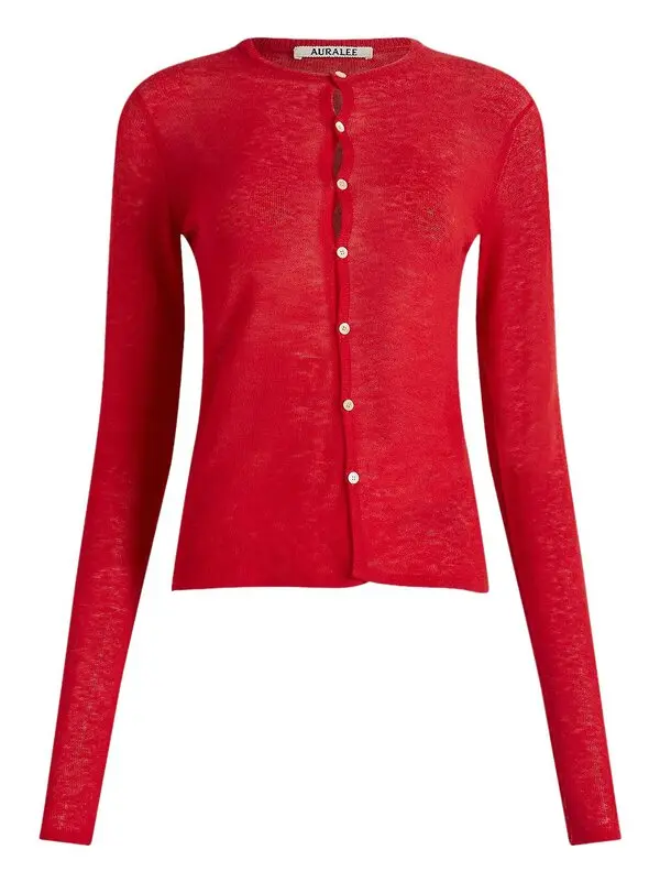 Auralee Sheer Cashmere Knit Cardigan - Red