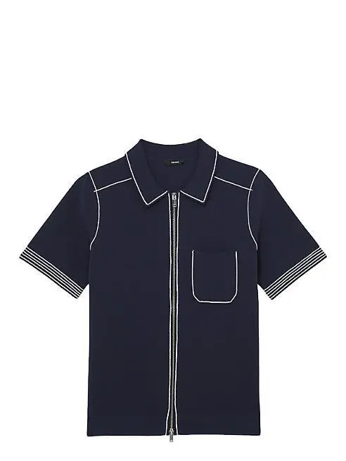REISS Blake Stitch-detail Stretch-knit Shirt - Navy