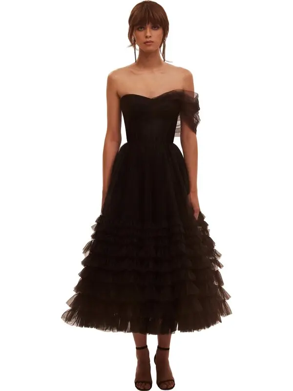MILLA Frill-layered Midi Dress - Black