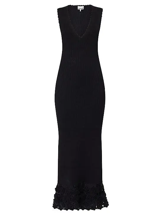 GANNI Crochet-trimmed Cotton-knit Midi Dress - Black