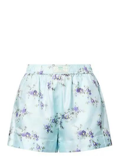 GANNI Floral-print Elasticated-waist Silk Shorts - Iced Aqua