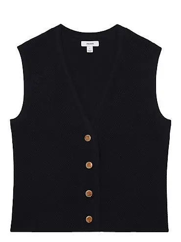 REISS Ria Herringbone-textured Knitted Waistcoat - Navy