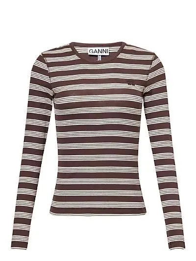 GANNI Striped Long-sleeve Cotton-rib Top - Mole