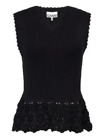 GANNI Cotton-rib Knit Vest With Crochet Trim - Black