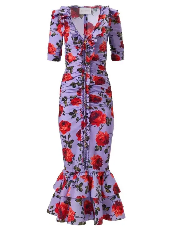 Carolina Herrera Rose-print Ruched Midi Dress - Purple