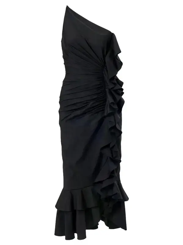 Carolina Herrera Asymmetric Ruched Midi Dress With Ruffles - Black