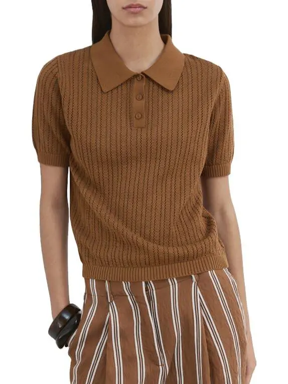 Mango Open Stitch Cotton Polo Sweater - Caramel