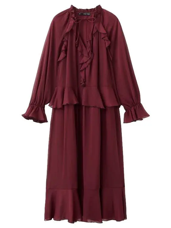 Mango Ruffle Detail Long Sleeve Dress - Burgundy