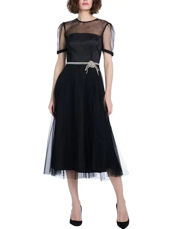 EMILY SHALANT Tulle Overlay Illusion Neck Cocktail Dress - Black