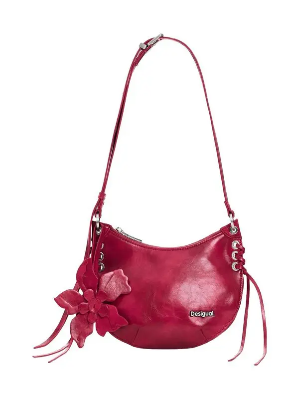 Desigual Faux Leather Shoulder Bag With Floral Charm - Red